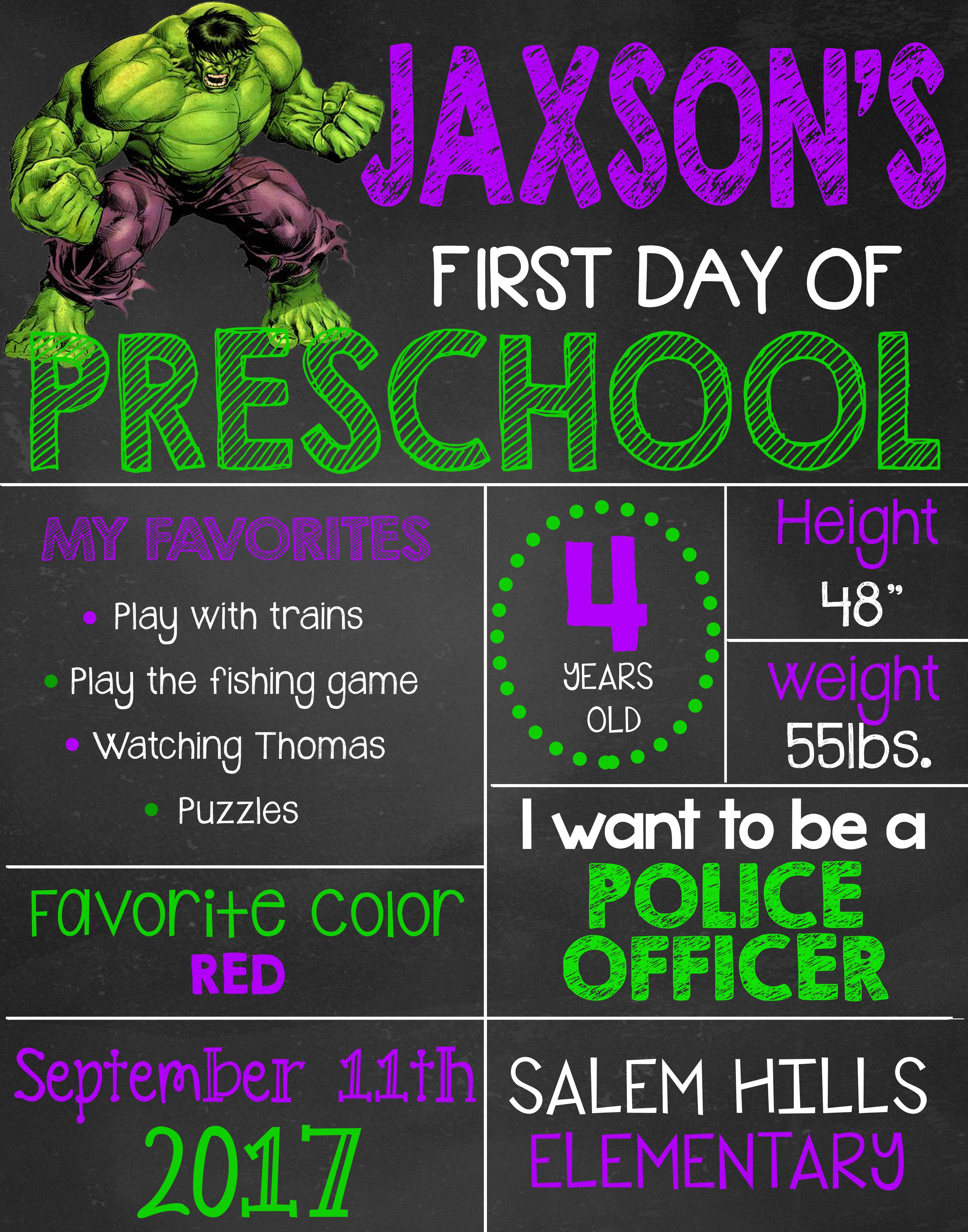 Hulk First Day of School Sign (Green / Purple) – DesignsbyDes